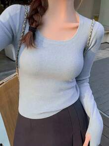 Maglietta a maniche lunghe donna, colletto quadrato, design semplice e ...