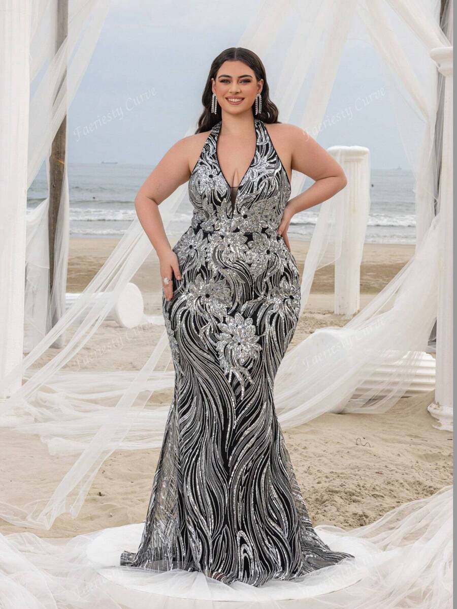 Plus Halter Neck Mermaid Hem Floral Sequin Dress, Black Elegant Formal Evening Prom Gown, For ...