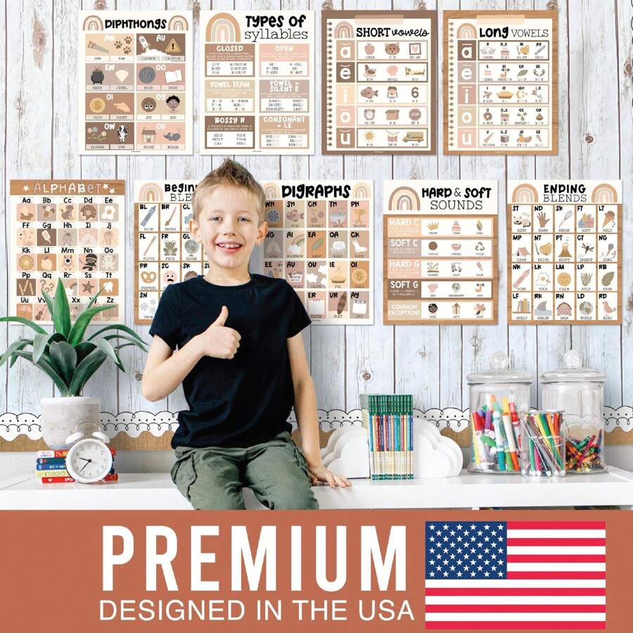 Boho Neutral Phonics And Vowels Posters Set Of 9 | SHEIN台灣