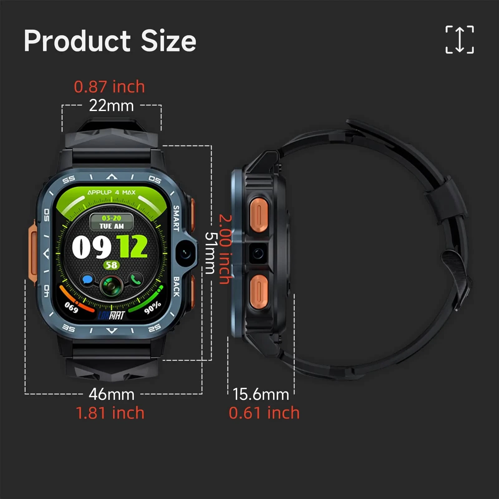 LOKMAT LOKMAT APPLLP 4 MAX Smartwatch mit 2,02 Zoll großem Bildschirm ...
