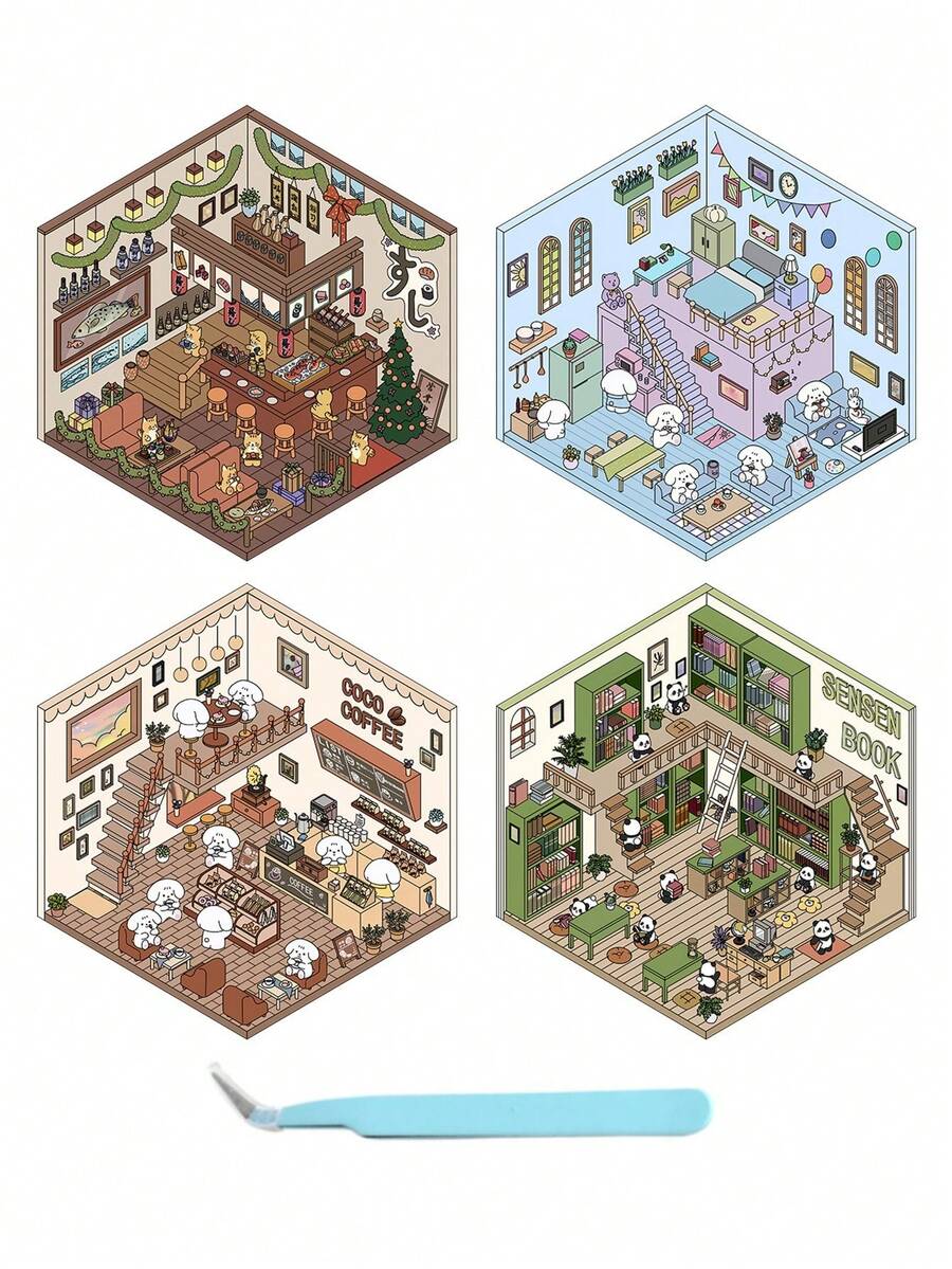 4 Sets DIY 3D House Stickers, Fun DIY Stickers Scene Make Your Own ...