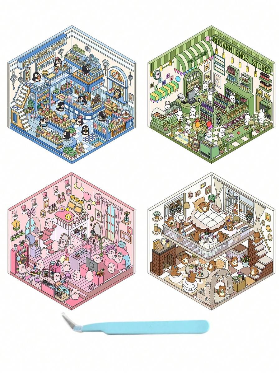 4 Sets DIY 3D House Stickers, Fun DIY Stickers Scene Make Your Own ...