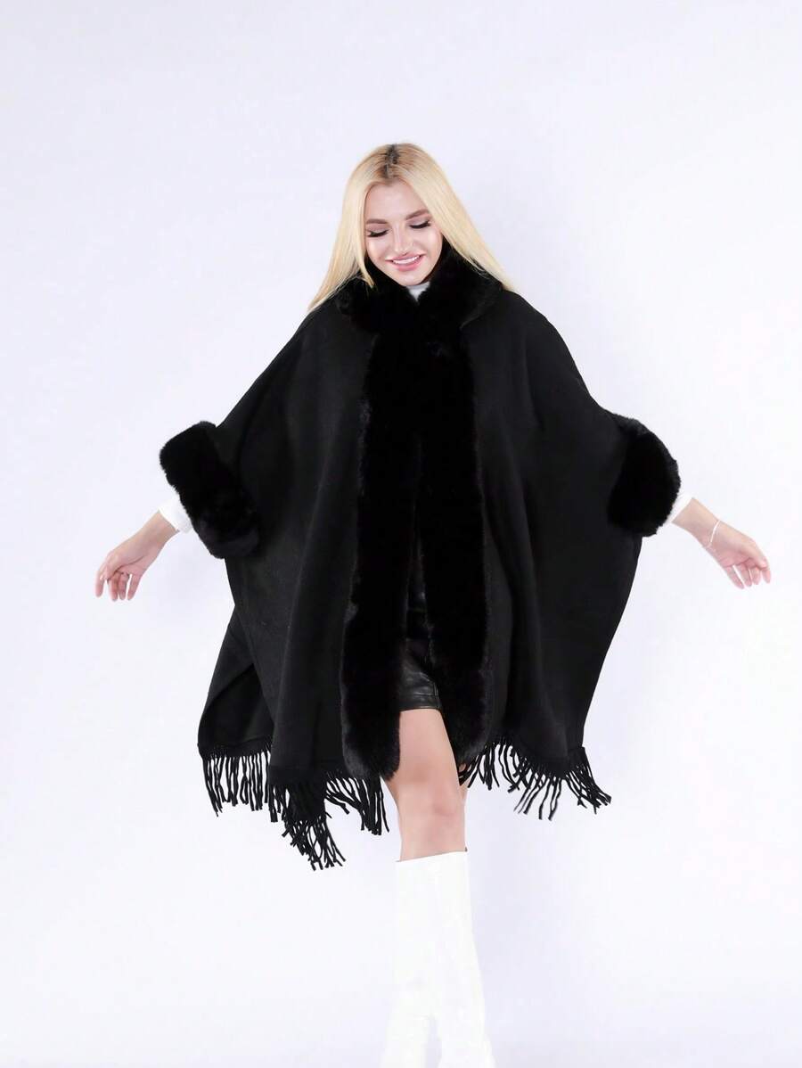 1pc Women Hooded Thick Fluffy Collar Soft Fabric Stylish Cloak Poncho ...