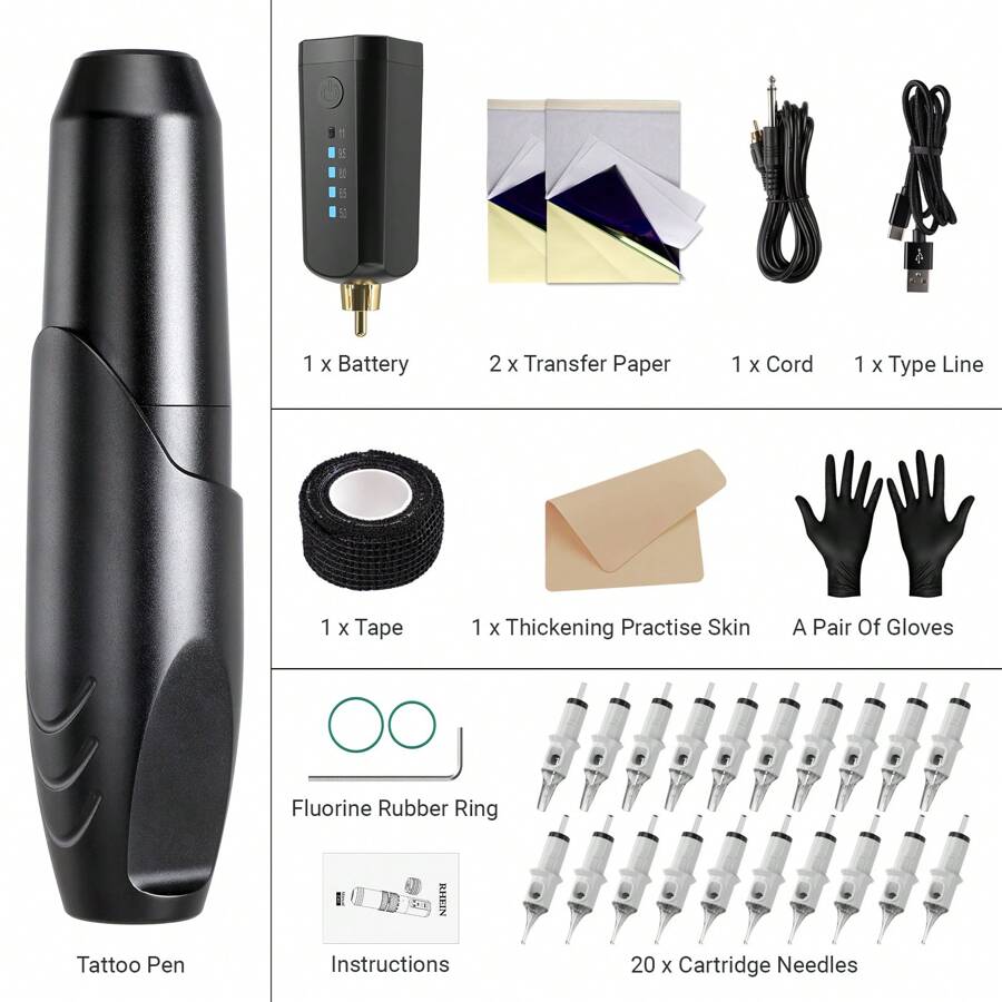 Solong Tattoo Kit Wireless Tattoo Pen With 20pcs Needles 1600mah Power ...