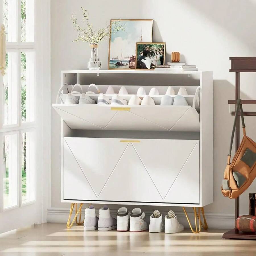 Wooden Concealed Independent White Narrow Shoe Storage Cabinet With 2 ...