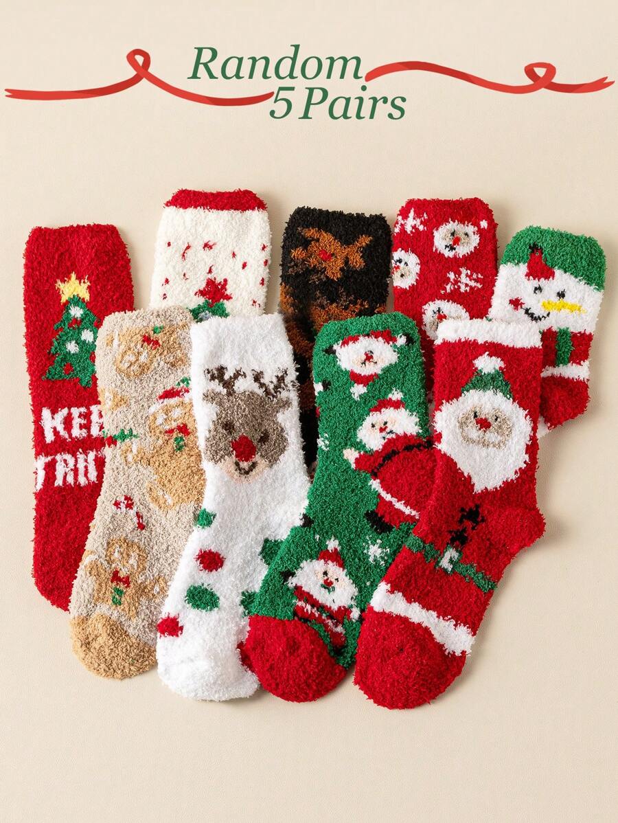 5 Pairs Christmas Gifts Fluffy Socks, Random Assorted Coral Fleece ...
