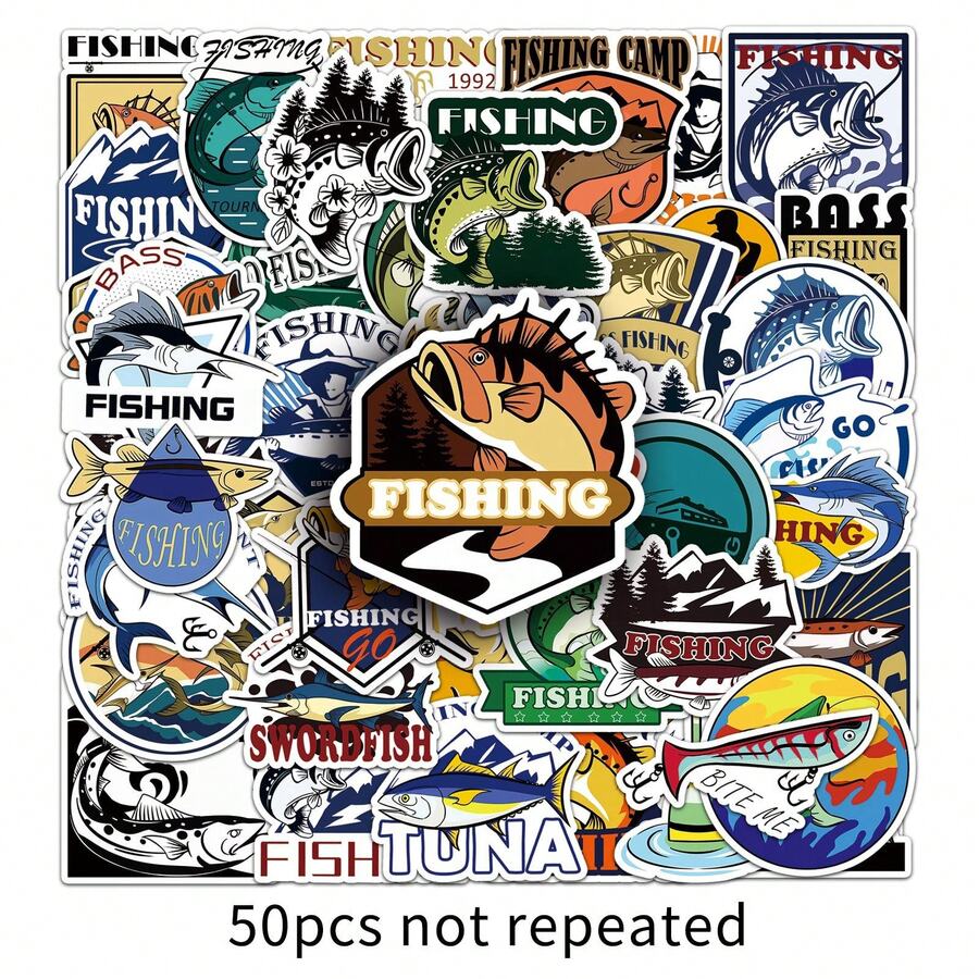 50pcs Original Fishing Themed Graphic Stickers, Cartoon Pattern Decor ...