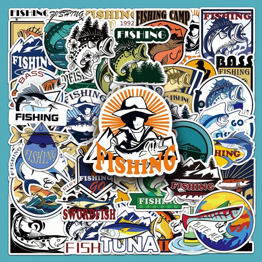 50pcs Original Fishing Themed Graphic Stickers, Cartoon Pattern Decor ...