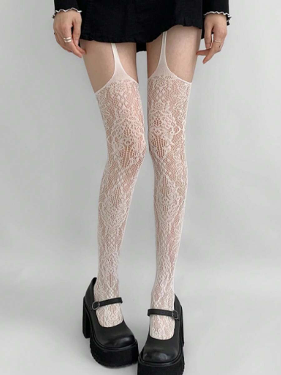 1 Pair Women Heart Fishnet Pantyhose Lace Thin Suspender Black Sexy ...