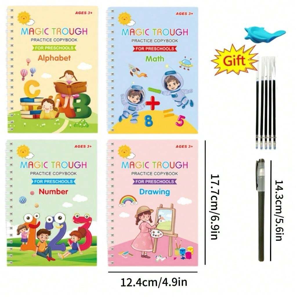 4 ספרי תרגילים באנגלית עם 16 עמודים מצוידים במחזיק עט ועט קסם עט קסם