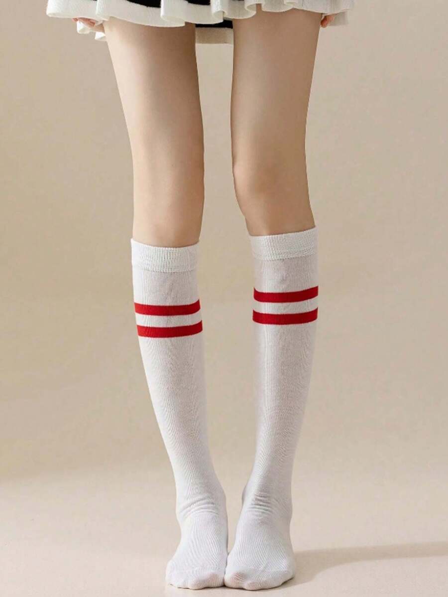 1 Pair Girls White Double Stripe Knee-High Socks, Personality Skinny ...