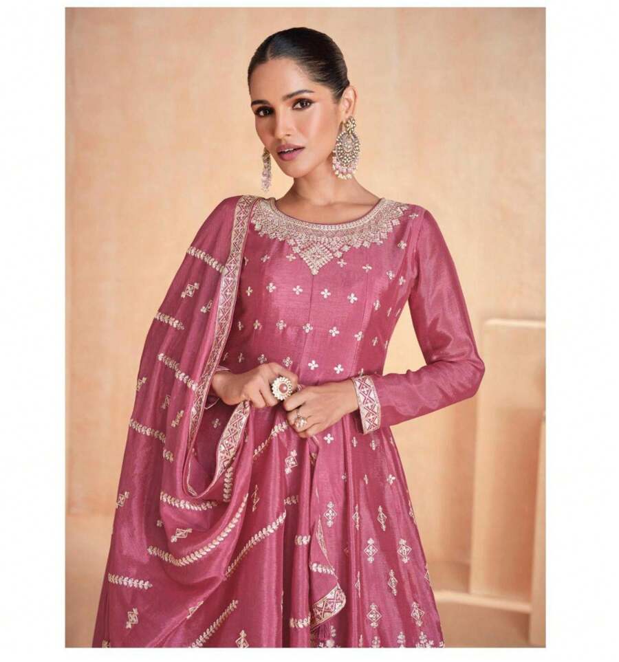 Pakistan Wedding Wear Embroidered Chinnon Silk Palazzo Suit For Girls ...