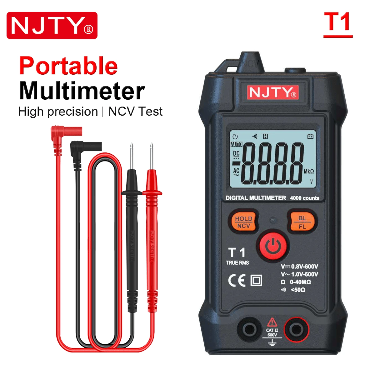 NJTY T1 Smart Mini Digital Multimeter, True 4000 Counts Voltmeter Auto ...