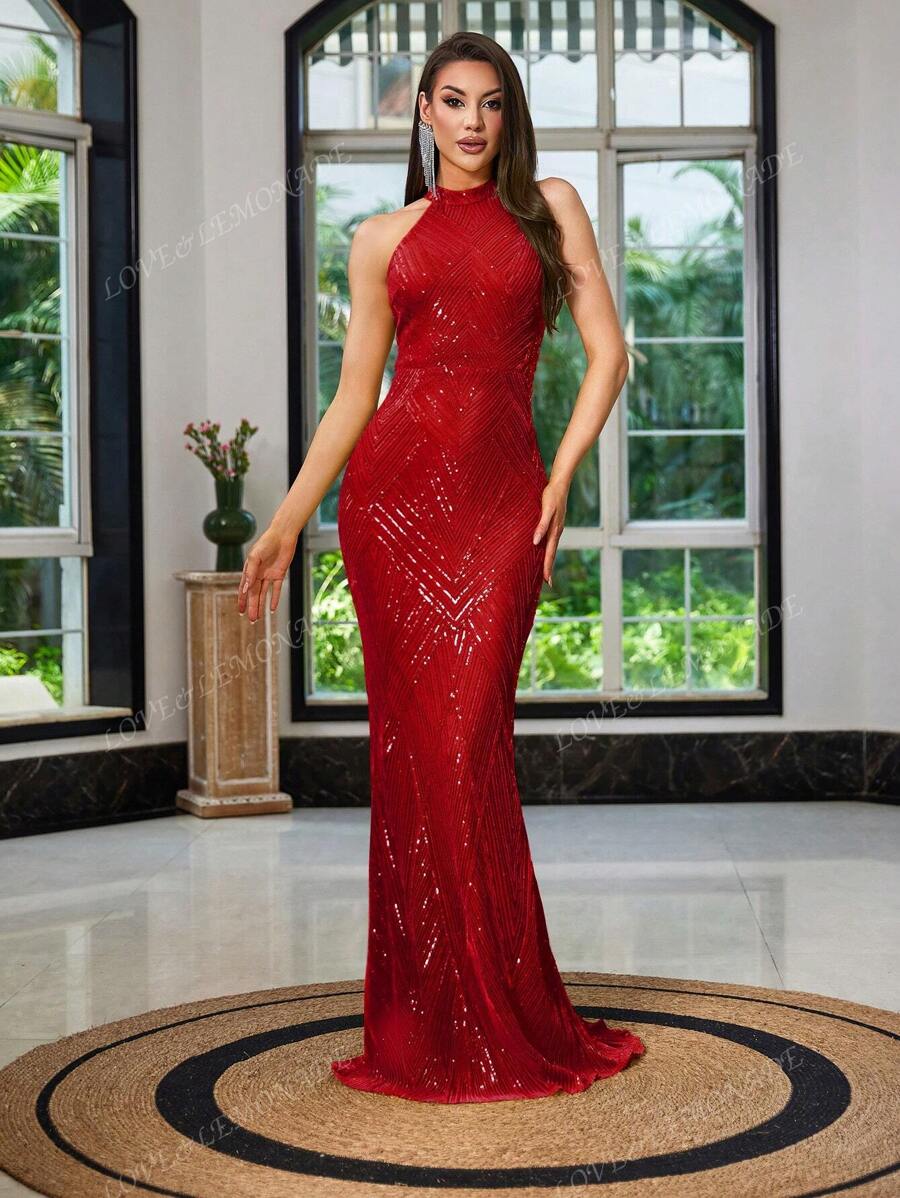 LOVE&LEMONADE Red Sleeveless Halter Neck Sequin Floor Length Evening ...