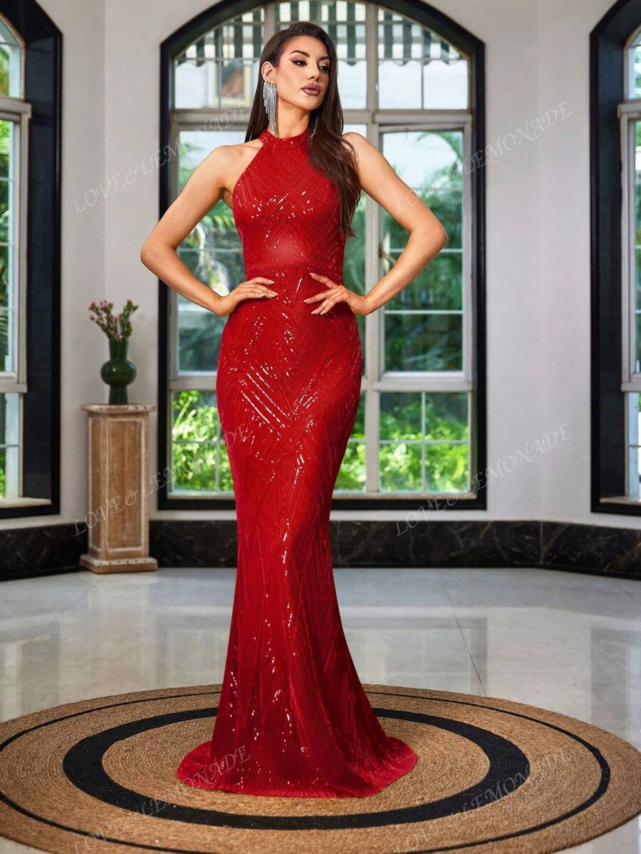 LOVE&LEMONADE Red Sleeveless Halter Neck Sequin Floor Length Evening ...