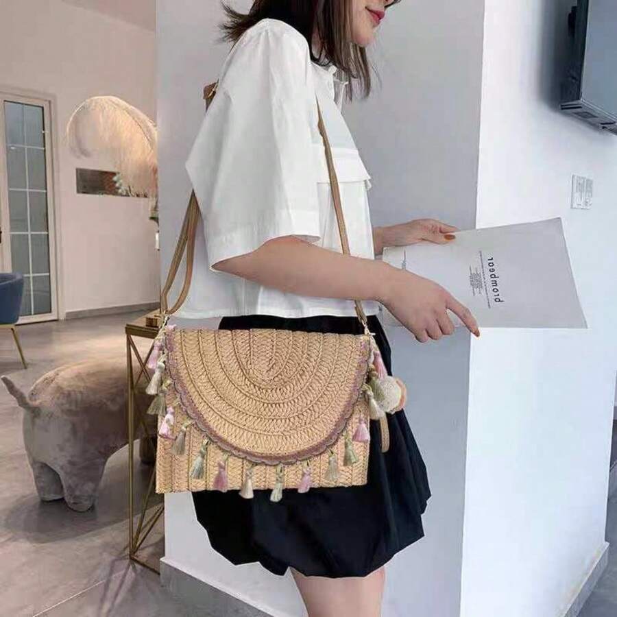 Summer Braided Straw Clutch Wallet Bag Adjustable Strap Beach Handbag ...