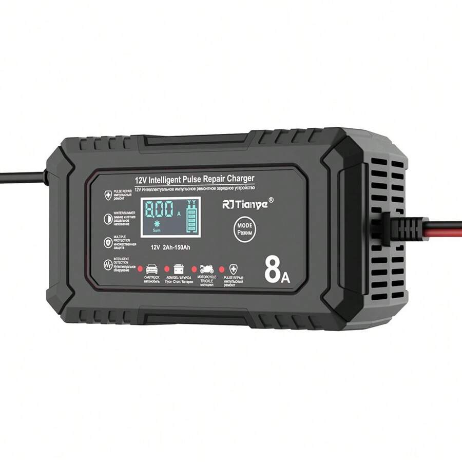 RJTianye For Smart 12V 8A Car Battery Charger With LCD Display - Temperature Compensation, Pulse ...