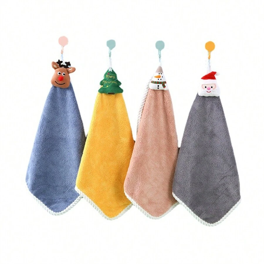 Christmas Gift Hanging Towel, Coral Fleece Absorbent Cartoon Hand Towel ...