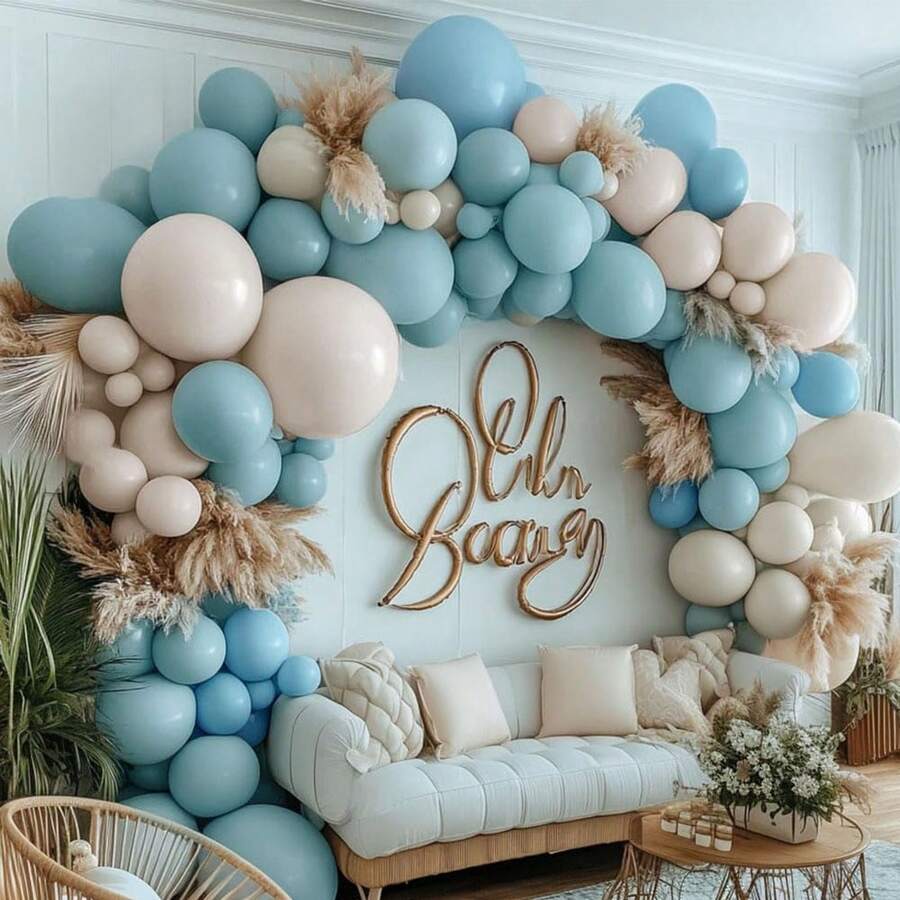 Dusty Blue White Balloon Garland Double Stuffed Baby Blue White Sand ...