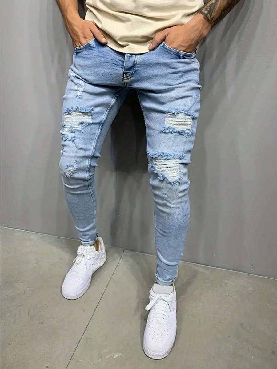 Men's Stylish Distressed Slim Fit Light Color Denim Jeans | SHEIN USA