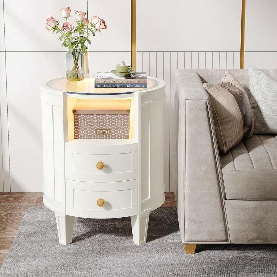 Tribesigns 2-Drawer Nightstand With Glass Tabletop Modern LED ...