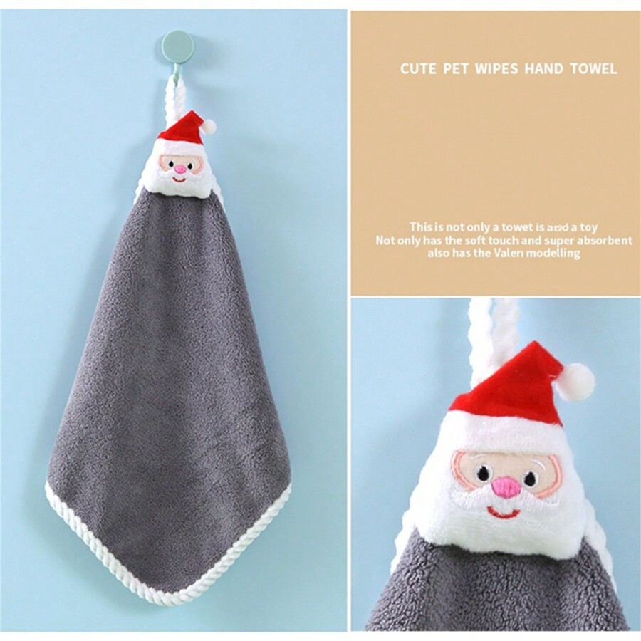 Christmas Gift Hanging Towel, Coral Fleece Absorbent Cartoon Hand Towel ...