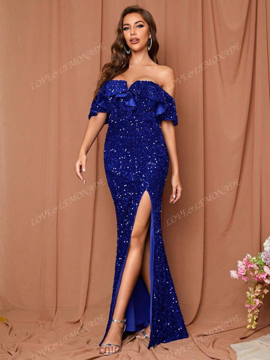 Elegant Blue V-Neck Off Shoulder Sequin Slit Maxi Evening Dress, Formal Prom Gown, For Wedding ...