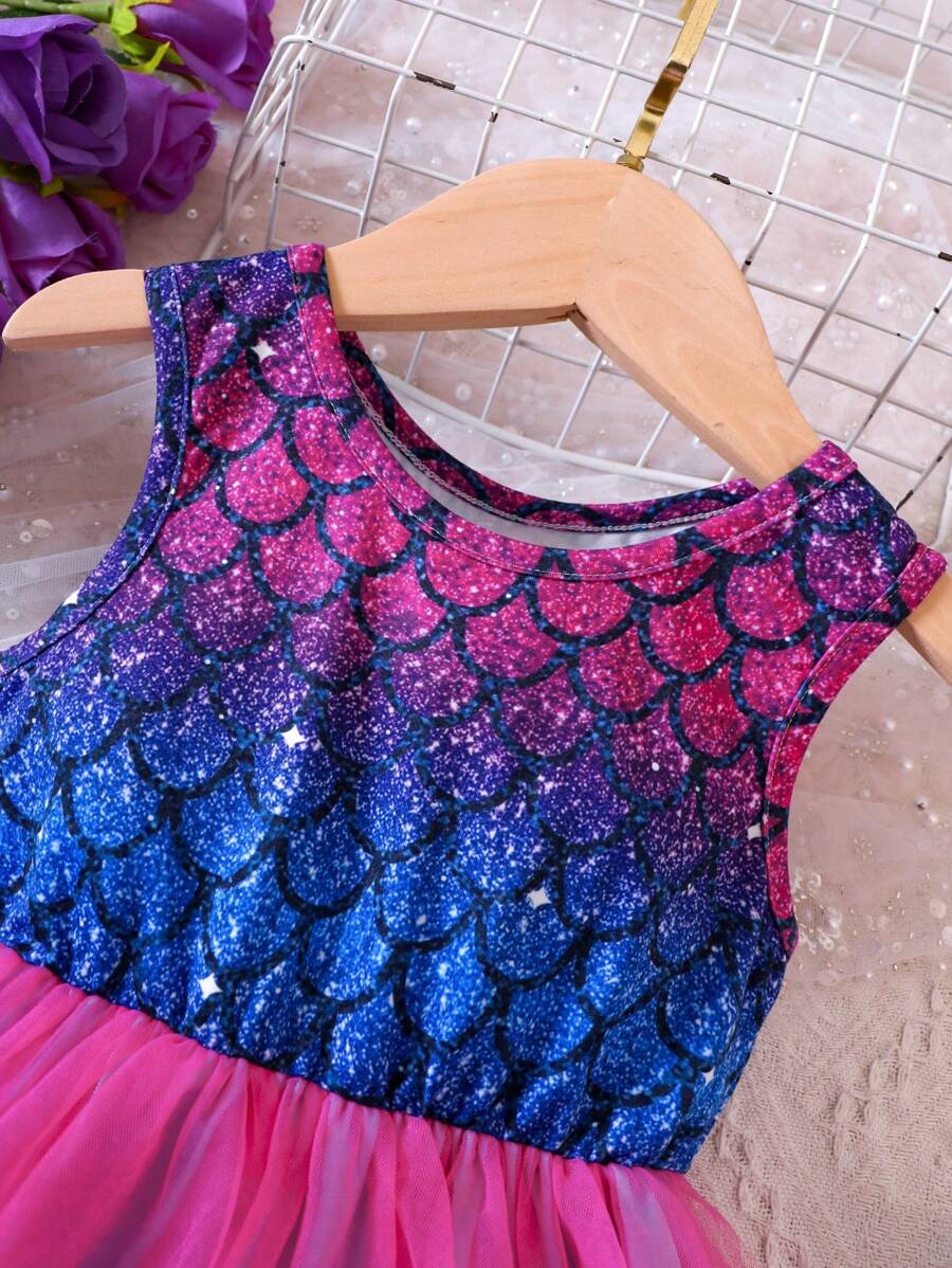 Young Girl Mermaid Sleeveless Vest Net Yarn Spliced Dress, Summer ...