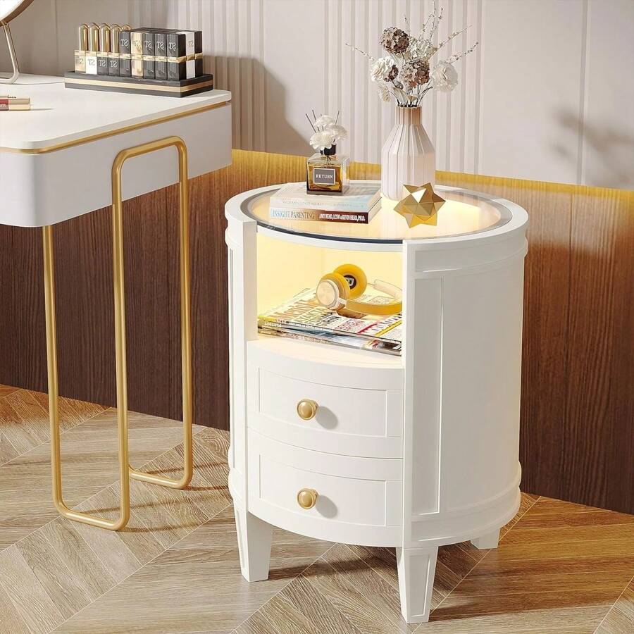 Tribesigns 2-Drawer Nightstand With Glass Tabletop Modern LED ...