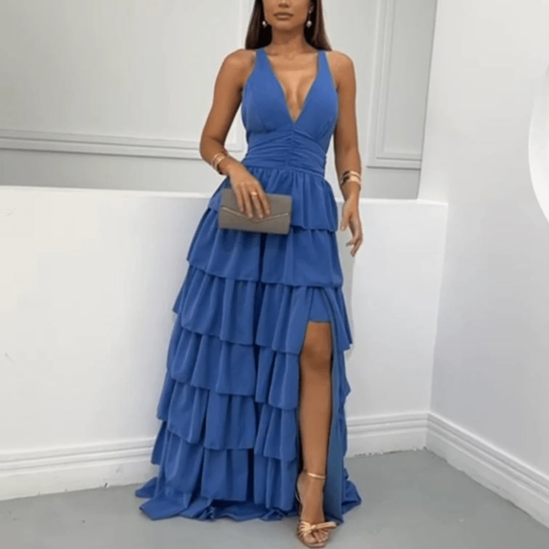 Long Layered Dress With Slit, Thin Neckline For Debutantes And ...