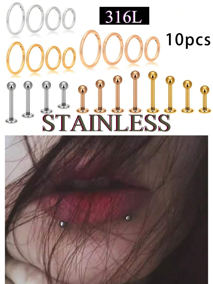 10-Piece 316L Steel Spherical Piercing Set - Versatile Styles For ...