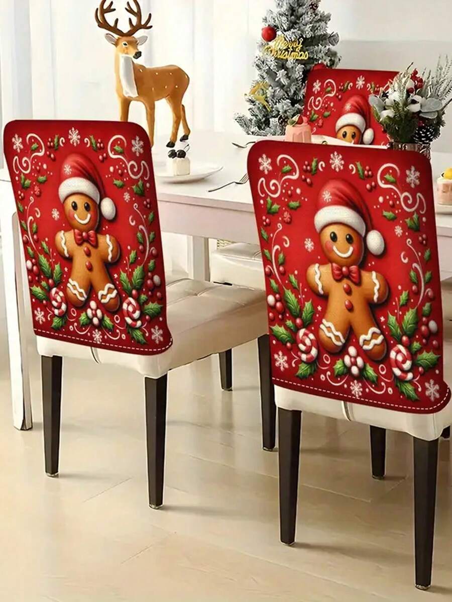 4 Pcs & New Year Chair Cover Set, Gingerbread Pattern, Dirt-Resistant ...