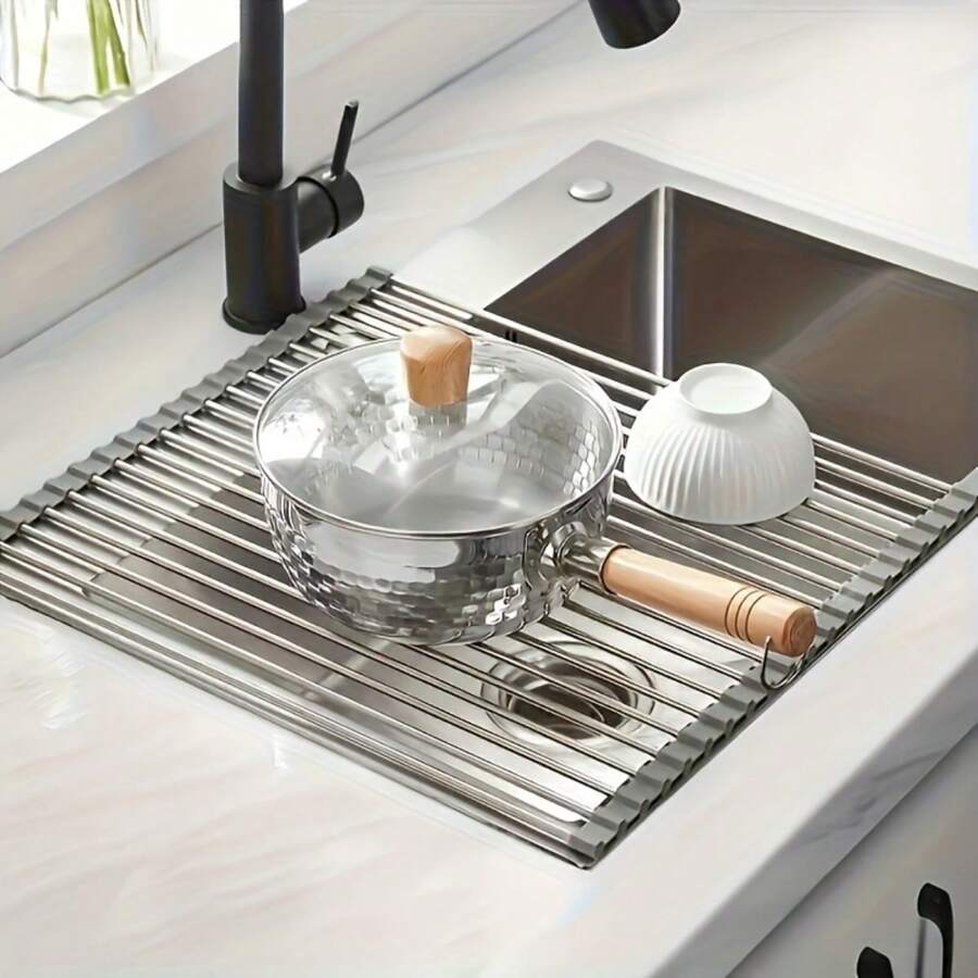 1pc, Deluxe Roll-Up Stainless Steel Dish Drying Rack - Space-Saving ...