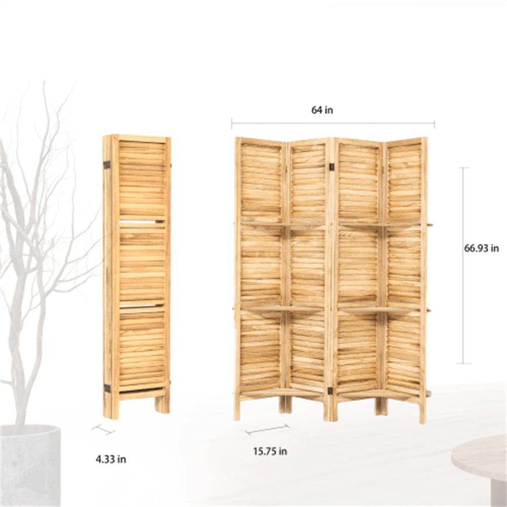 4 Panel Wood Room Divider Screen With Shelves - Freestanding Partition ...