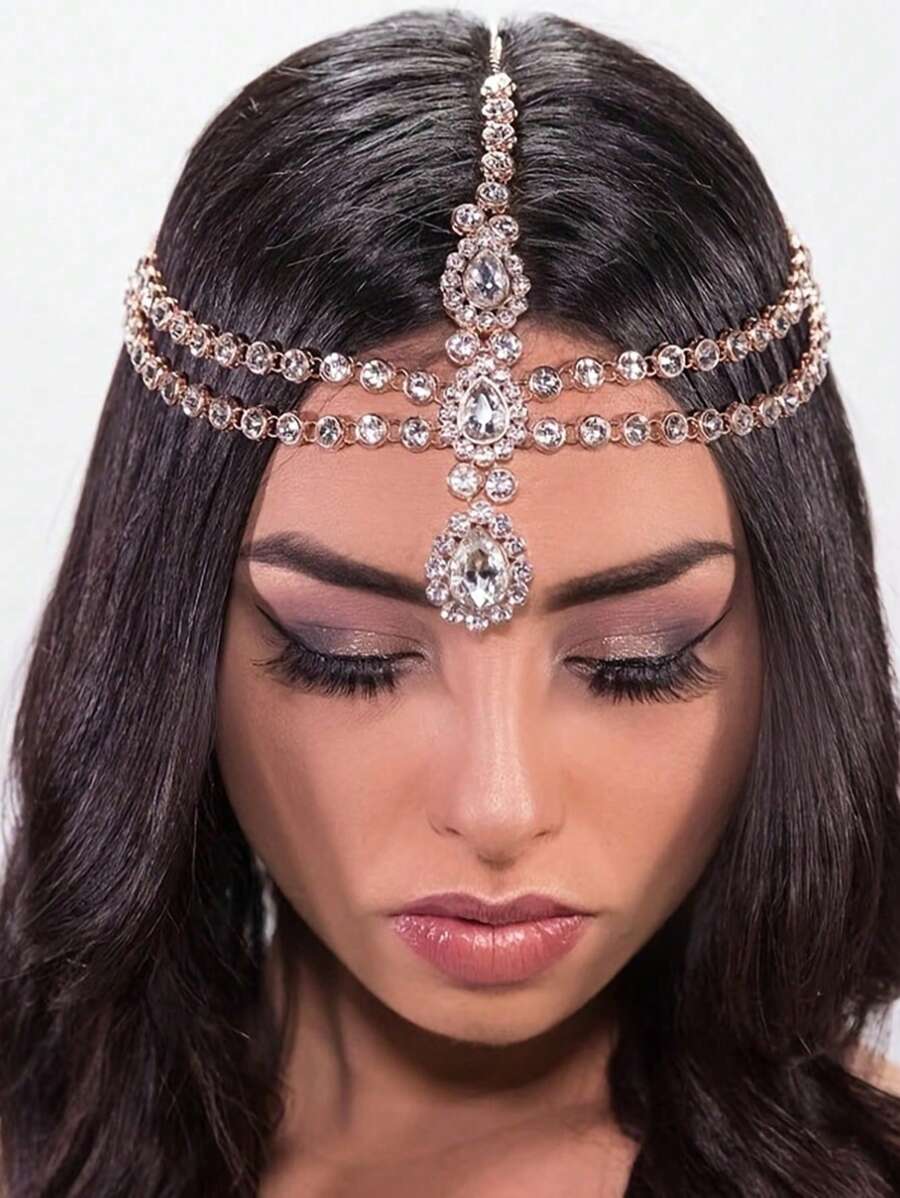 Boho Rhinestone Head Chain Jewelry Golden Bridal Headpiece Crystal ...