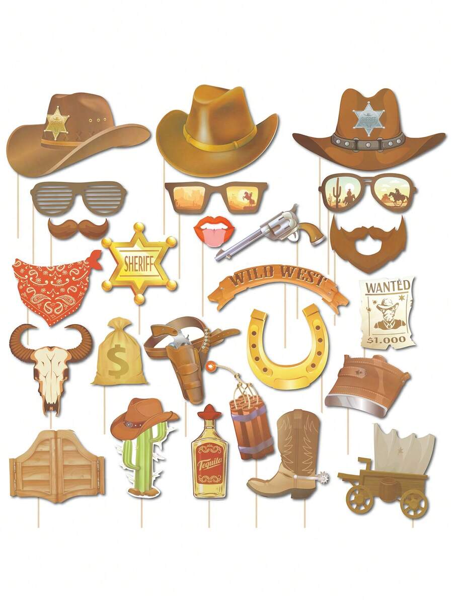 25 Pcs Western Photo Booth Props Supplies, Western Themed Party ...