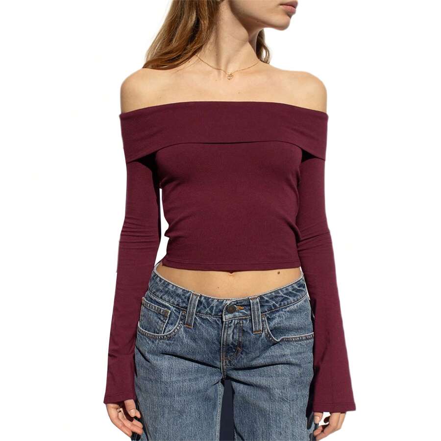 Women Fall Off Shoulder Crop Tops Flare Long Sleeve Slim Fit Show Navel ...