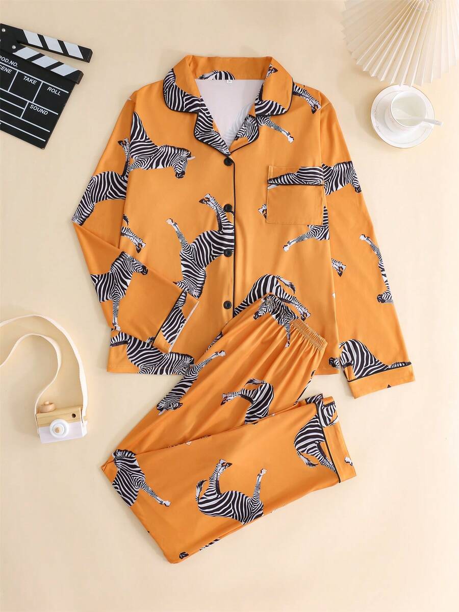 2pcs Animal Print Women Pajama Set - Long Sleeve Notch Collar Buttoned ...