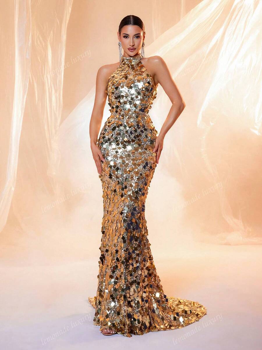 Gold Sequin Backless Maxi Evening Dress With Halter Neck, Elegant Formal Prom Gown, For Wedding ...