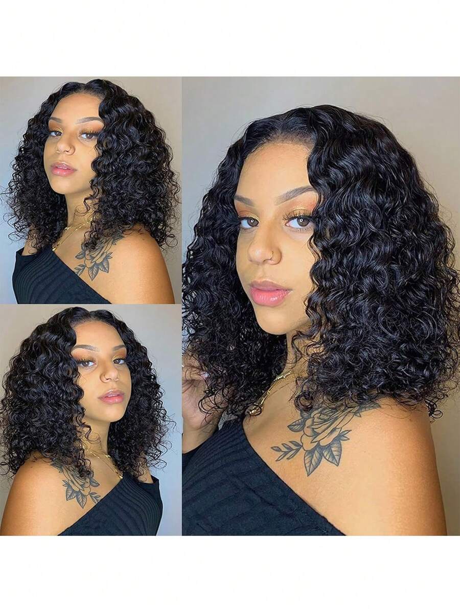 Perruque bouclée sans colle en cheveux humains de 16 pouces, pré-pincée avec une densité de plus ...