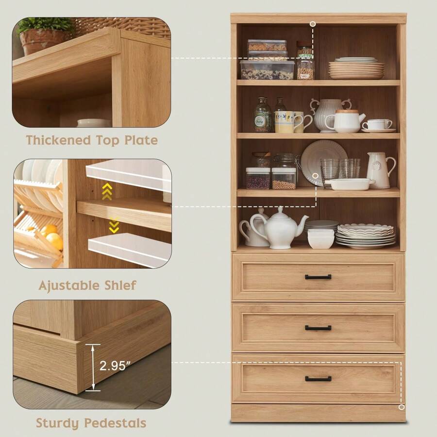 Vimitty 72" Tall Storage Cabinet, Farmhouse Kitchen Pantry With 3 Large ...