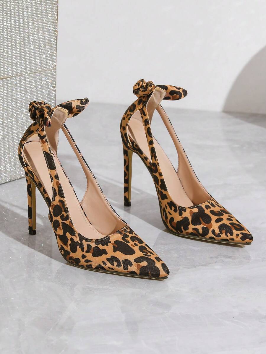 Women Leopard Print Bow Decor Pointed Toe Stilettos High Heels Pumps ...