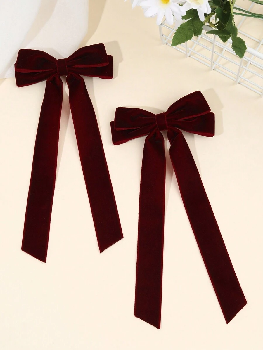 2pcs Wine Red Velvet Hair Bows For Girls Plain Long Tail Velvet Bow ...