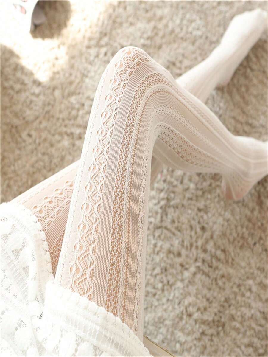1pc White Patterned Thigh High Stockings, Japanese School Uniform ...
