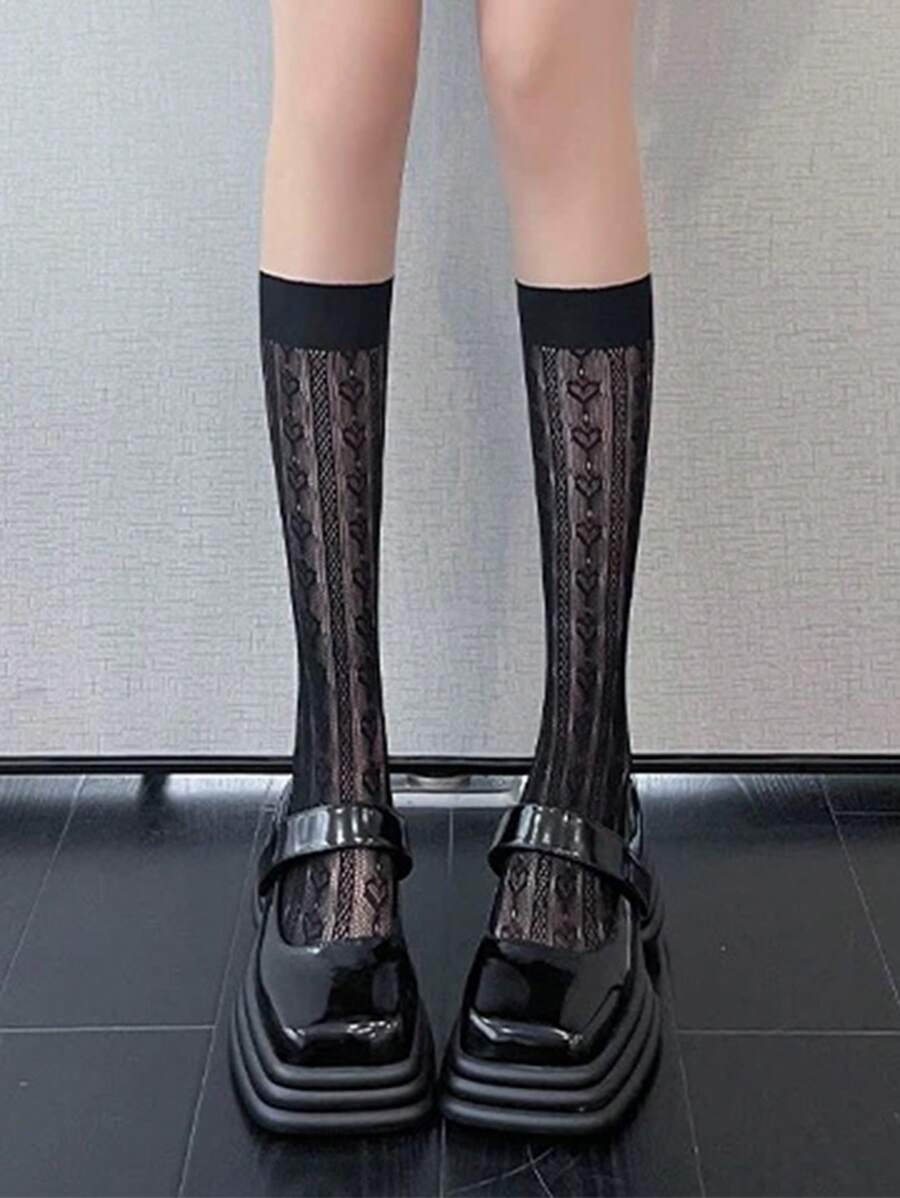 1 Pair Lolita Knee High Socks, Y2K Style Lace Trim Calf Length Socks ...
