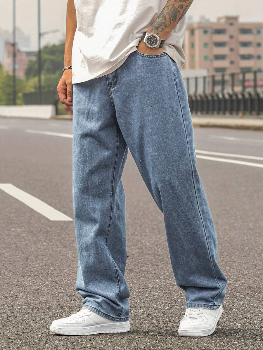 Men's Washed Light Blue Straight Jeans, Men's Loose Jeans, Retro Y2K ...