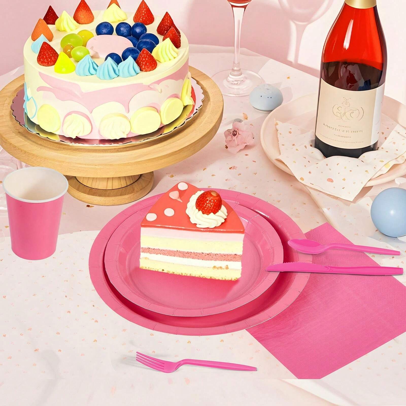 Solid Hot Pink Paper Plates And Napkins Set With Plastic Tablecloth For ...