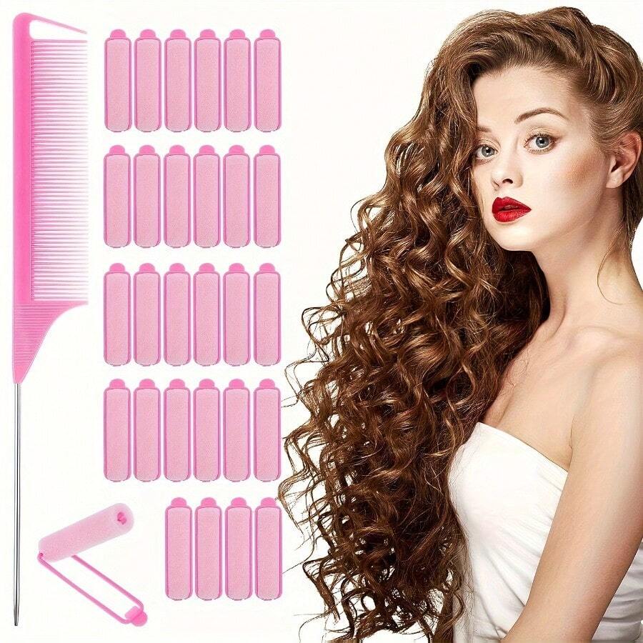 15-Piece Deluxe Pink Hair Rollers Set With Steel Needle Tip Comb ...