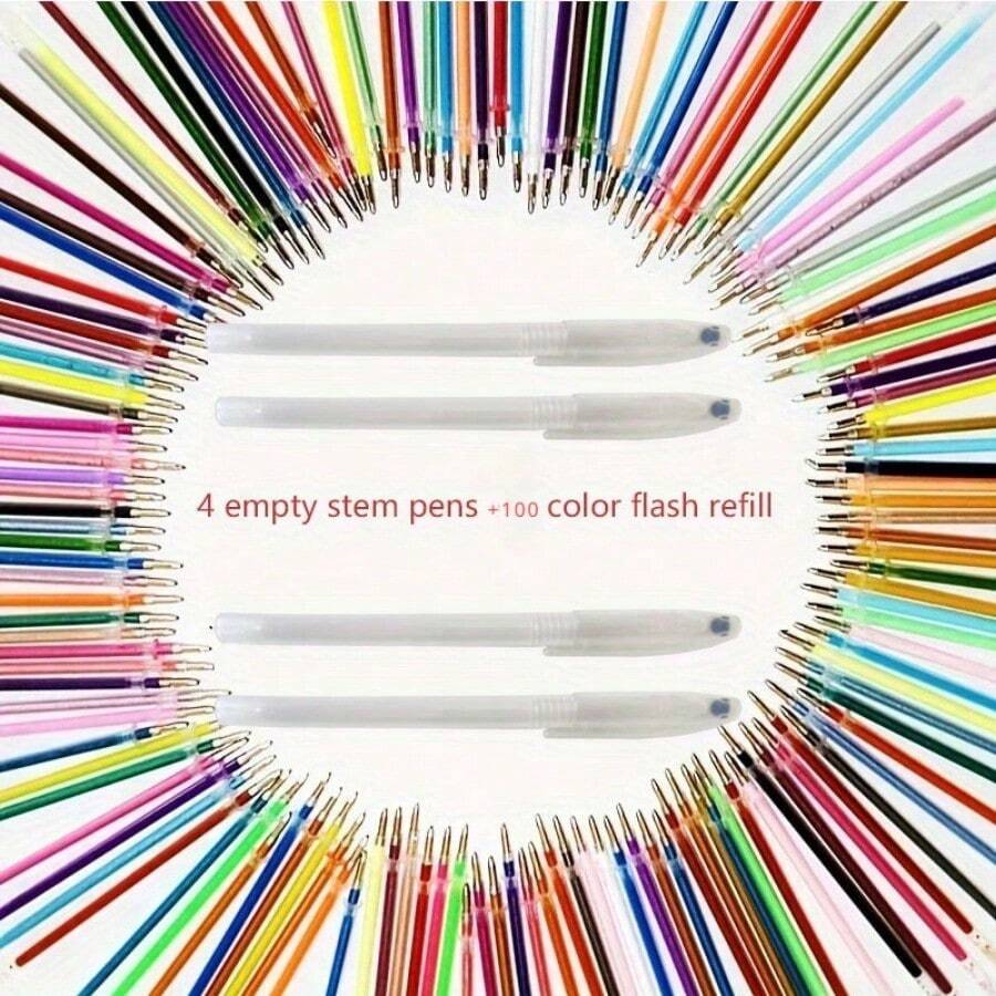 4 Empty Pens+100 1.0mm Flash Pens Set Flash Multi-Color Gel Pens Refill ...