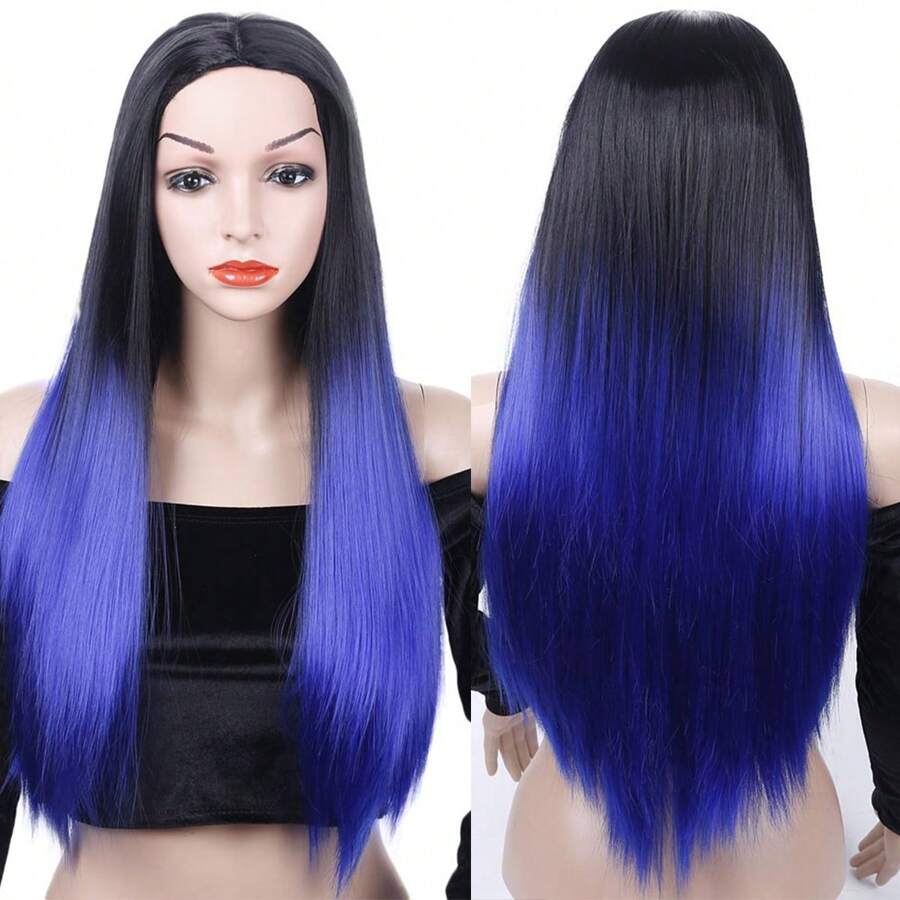 Long Straight Hair Gradient Mid-Point Wig Natural Vertical Black ...